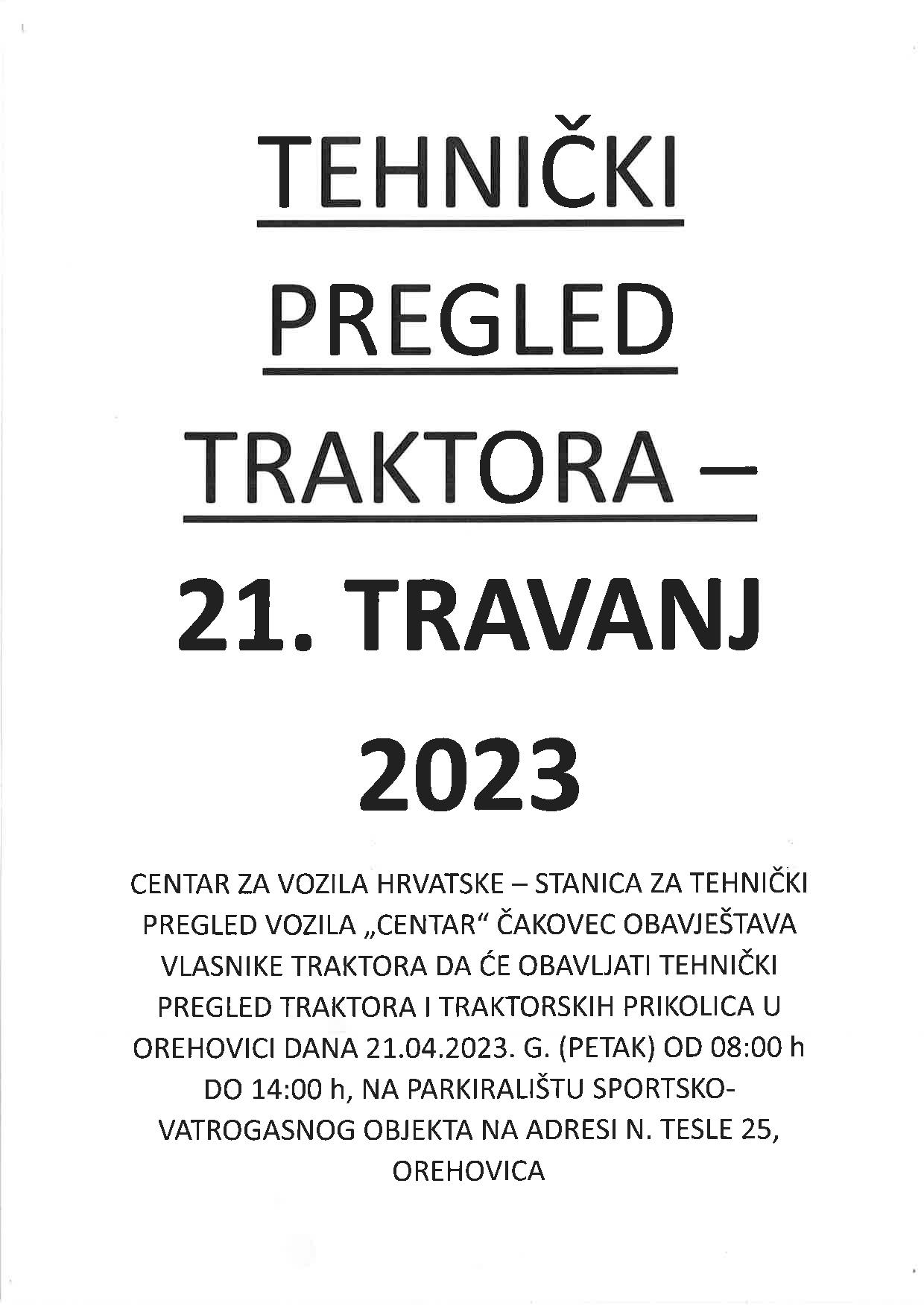 Tehnički pregled traktora i priključnih vozila - Općina Orehovica